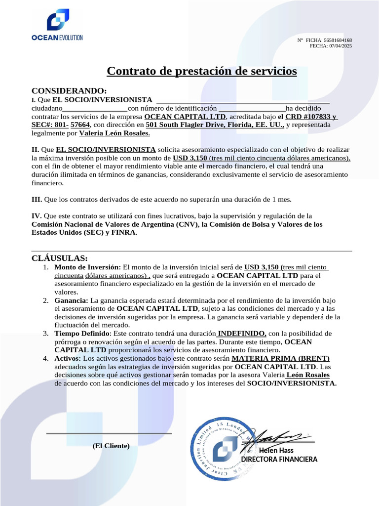 Contrato de Prestacion de Servicios (BRENT) | PDF | Inversiones | Sector privado