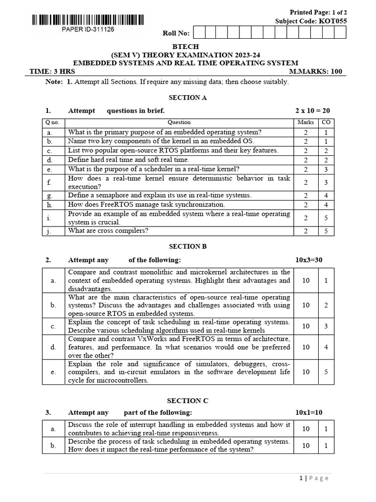 QP24DP1 - 132: Q No. Marks CO | PDF | Embedded System | Operating System
