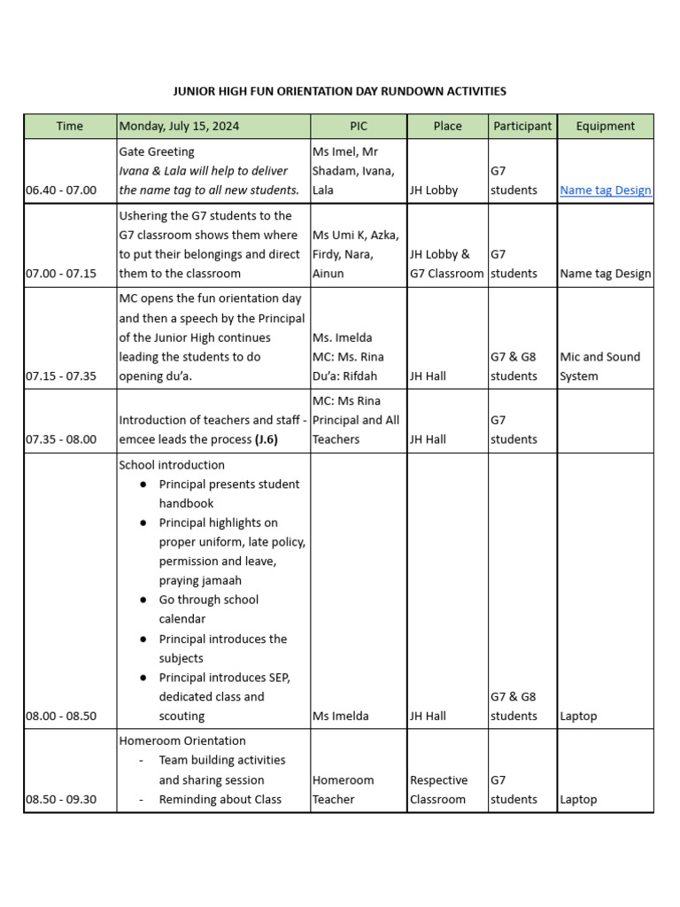 Junior High Fun Orientation Day Rundown Activities | PDF