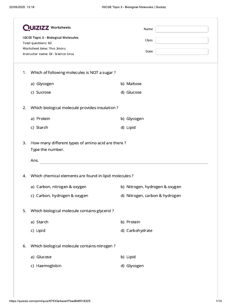 IGCSE Biological Molecules Worksheets | PDF | Biomolecules | Carbohydrates
