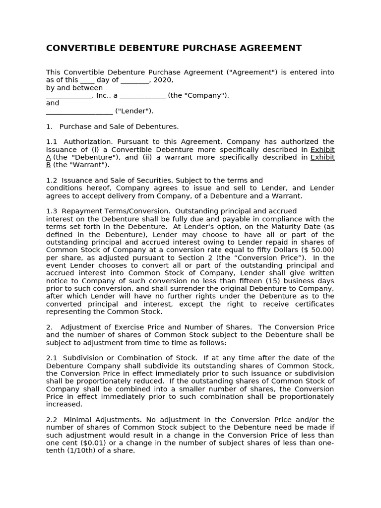 Convertible Debenture Purchase Agreement | PDF | Bankruptcy | Securities (Finance)