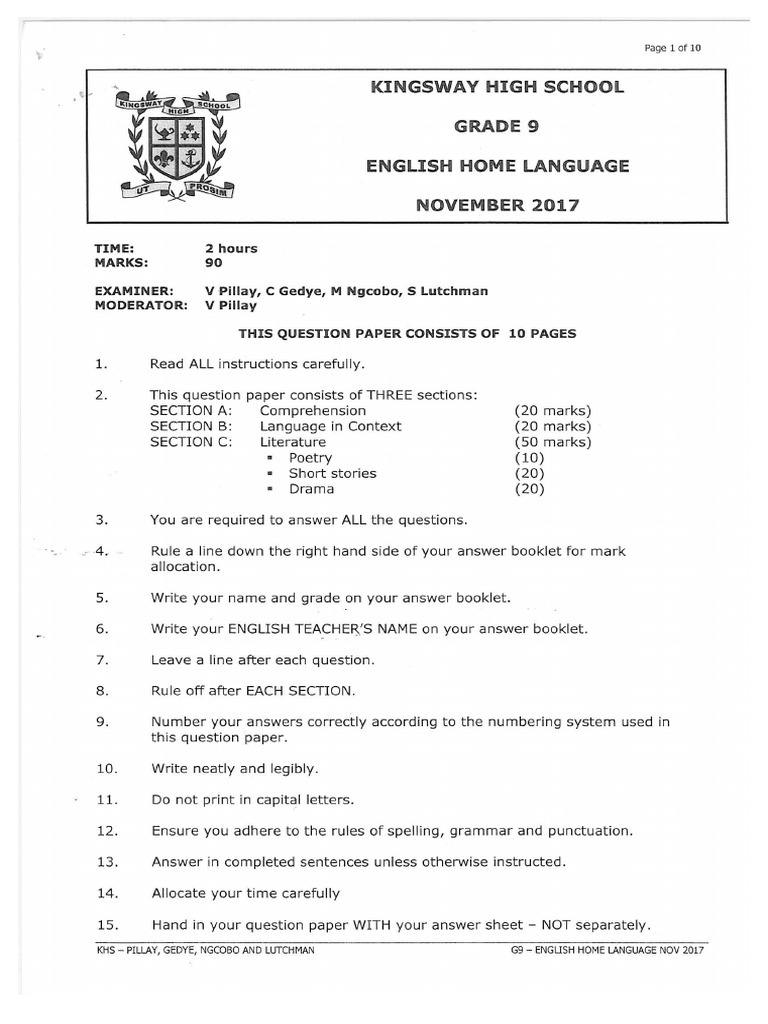 GR 9 English Nov 2017 | PDF
