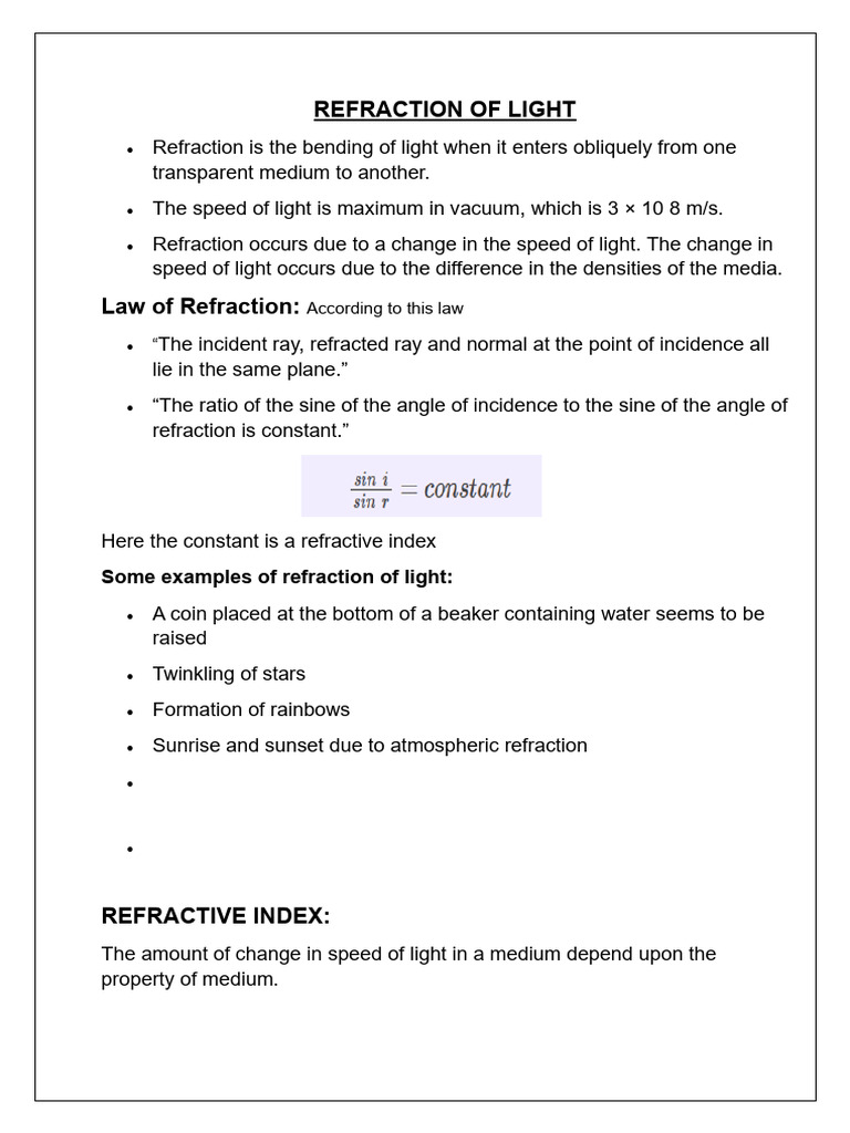 Refraction of Light - Notes | PDF | Refraction | Refractive Index