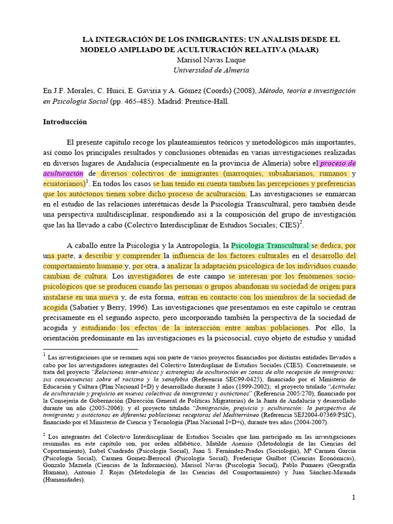 2008 Cap - Integracion Navas | PDF | Sicología | Asimilacion cultural