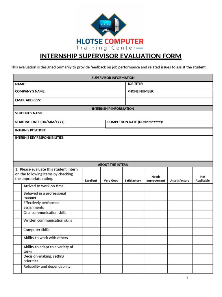 Internship Supervisor Evaluation Form | PDF | Cognitive Science | Cognition