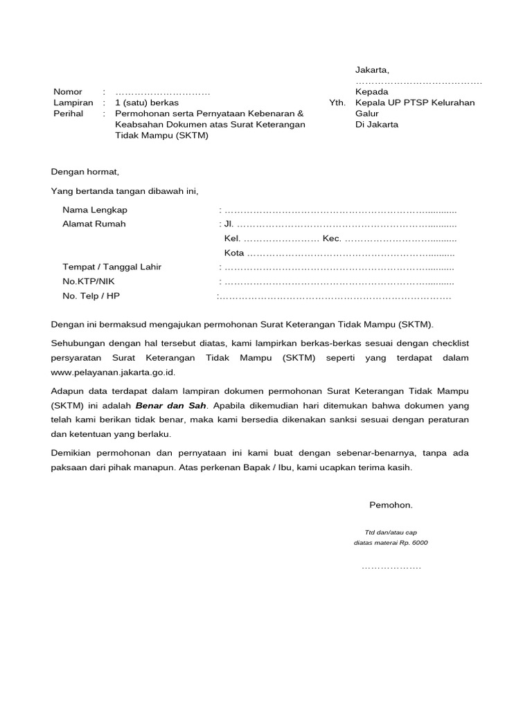 Surat Pernyataan SKTM Kosong | PDF