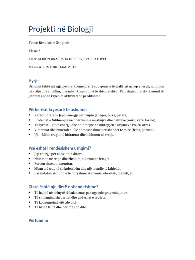 Projekti Biologji Rendesia e Ushqimit | PDF