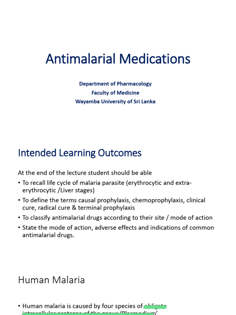 Antimalarial Drug Names and Uses | PDF | Malaria | Plasmodium Falciparum