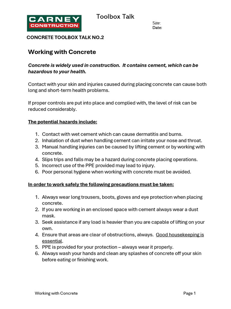 Concrete Safety Toolbox Talk | PDF