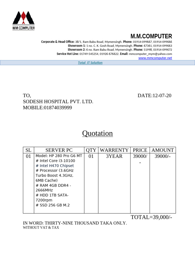 Quotation: TO, DATE:12-07-20 Sodesh Hospital Pvt. Ltd. MOBILE ...