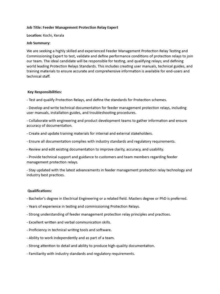 Job Title: Feeder Management Protection Relay Expert Location: Job Summary | PDF | Documentation ...