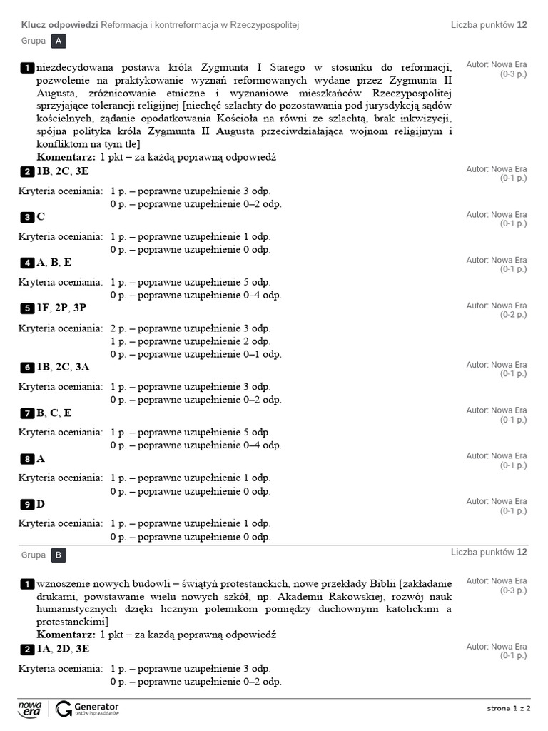 Reformacja i kontrreformacja w Rzeczypospolitej Klucz odpowiedzi | PDF