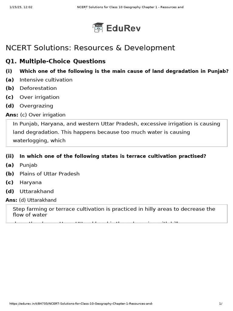 NCERT Solutions for Class 10 Geography Chapter 1 - Resources and Development | PDF | Soil ...