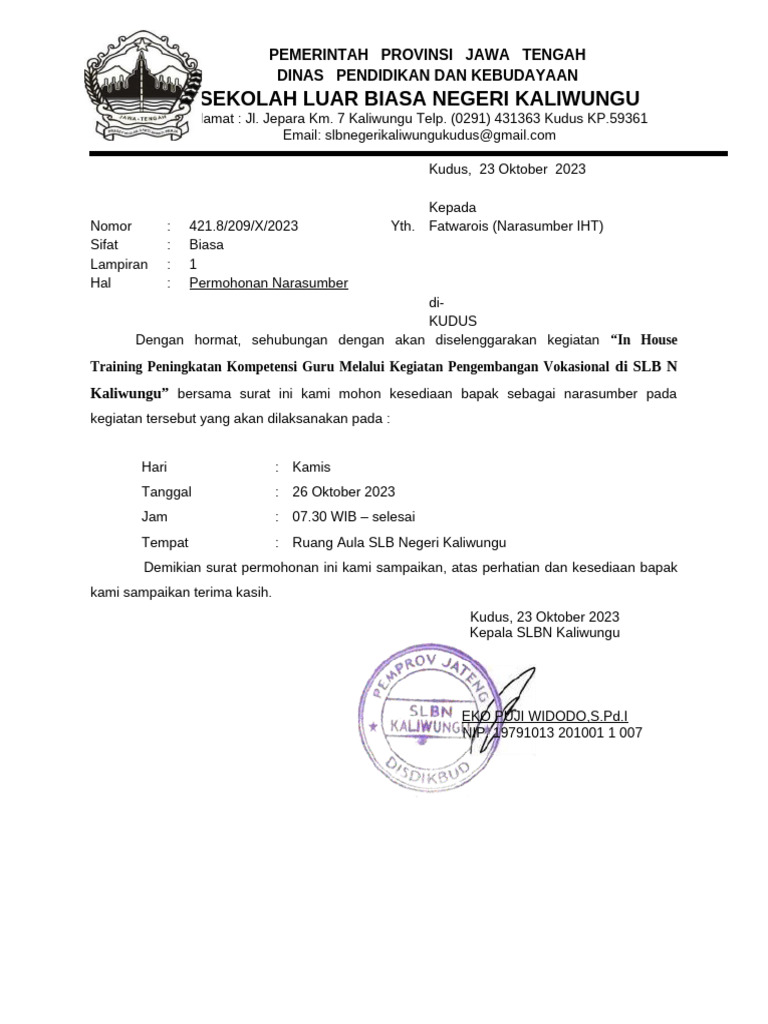 Surat Undangan Narasumber Iht | PDF