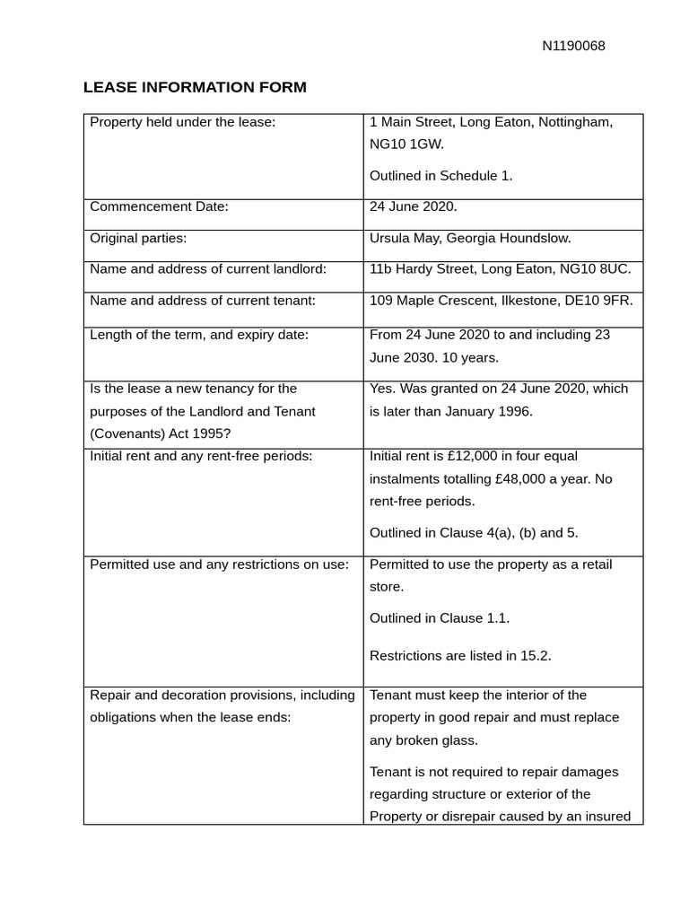 Lease Information Form and Report Summative Coursework N1190068 | PDF ...