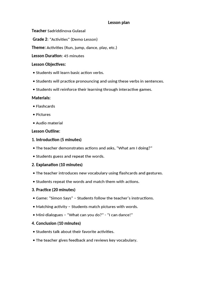 Grade 2 Action Verbs Lesson Plan | PDF