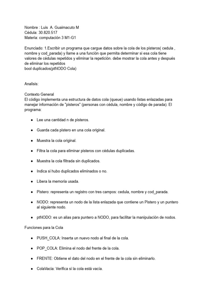Cola (Ejercicio, Análisis, Estructura de Datos) | PDF | Cola (tipo de ...