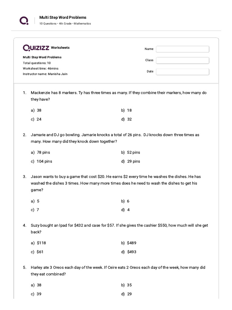 Quizizz - Multi Step Word Problems | PDF | Chess Theory | Chess