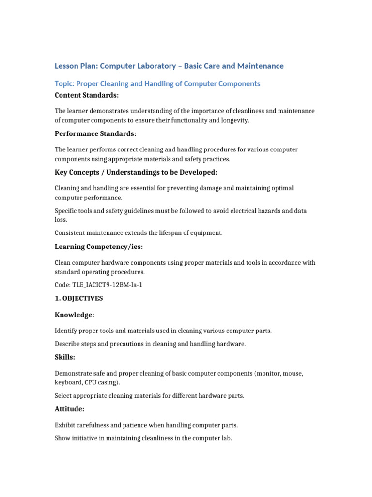Lesson Plan Computer Lab Basic Care and Maintenance | PDF | Learning ...