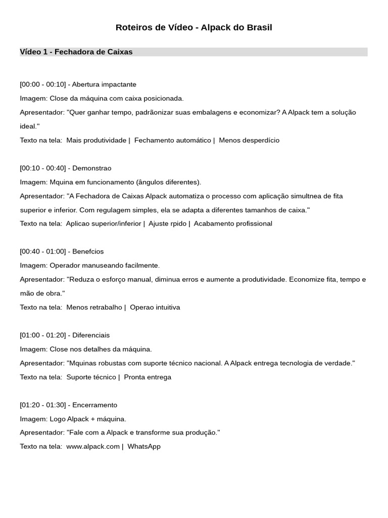 Roteiros_Alpack_Site_Corrigido | PDF | Vídeo