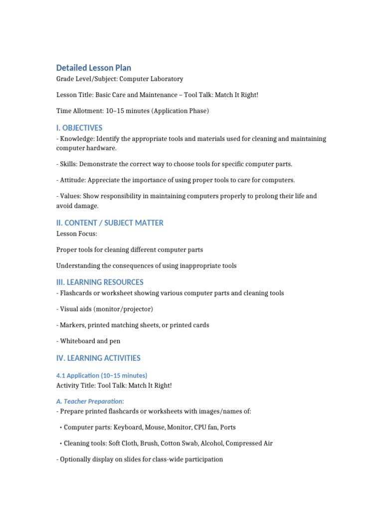 Basic Care and Maintenance Tool Talk Lesson Plan | PDF | Lesson Plan ...