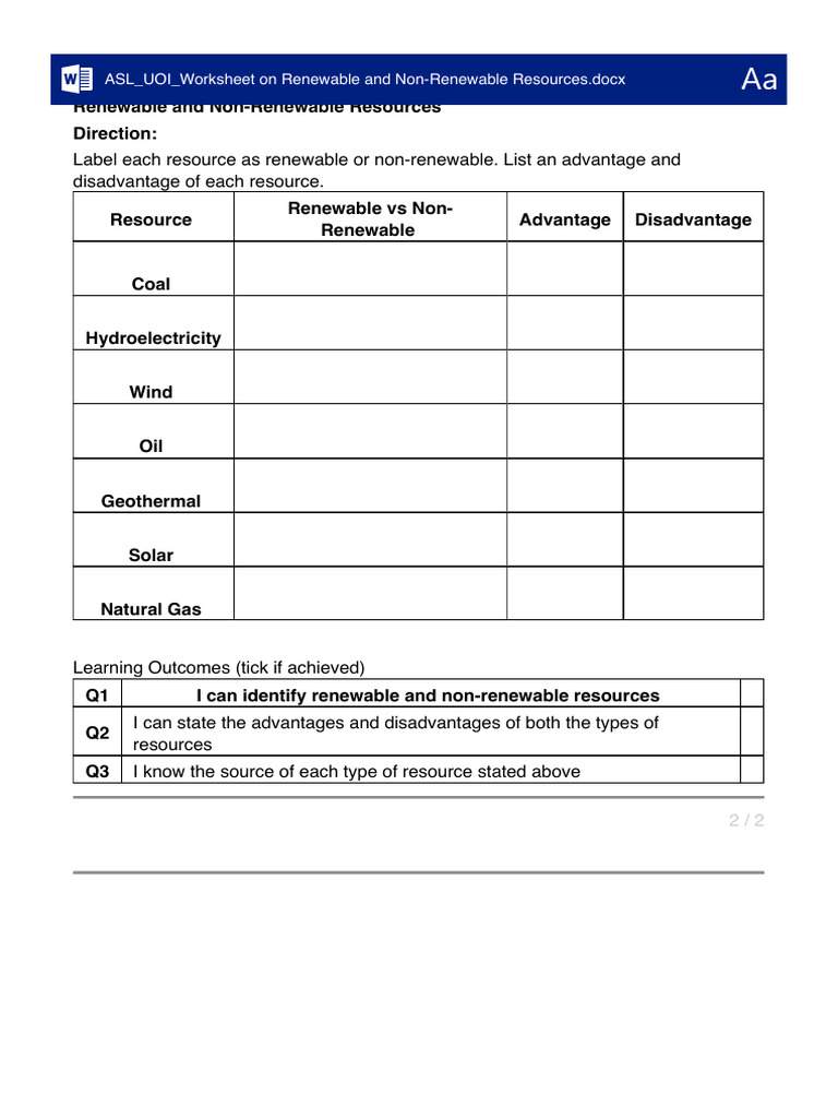 ASL - UOI - Worksheet On Renewable and Non-Renewable Resources | PDF