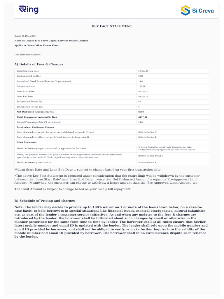 Kfs Sheet IDEP187168337192PFW5 846578191139867 | PDF | Loans | Interest