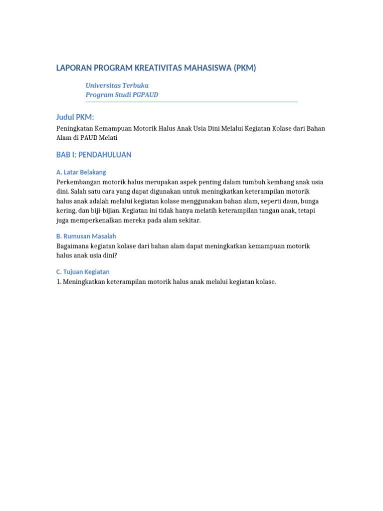 Contoh Laporan PKM Pgpaud Ut | PDF