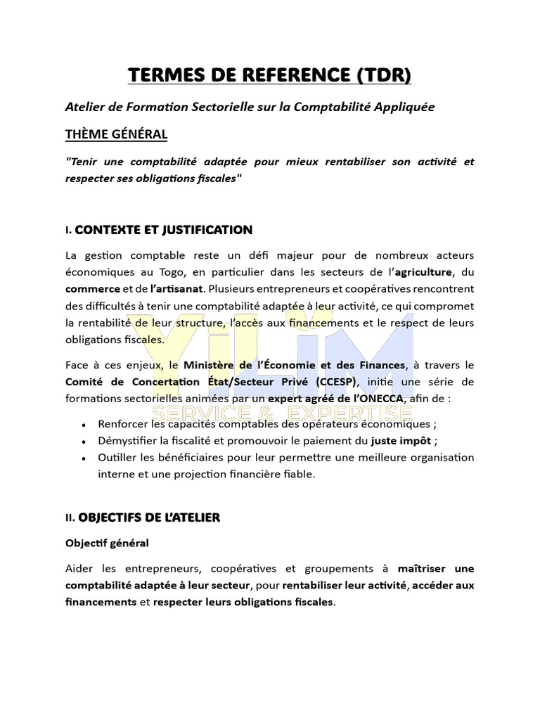 TDR Validé de La Formation Sectorielle Sur La Comptabilité | PDF | Comptabilité | Impôts