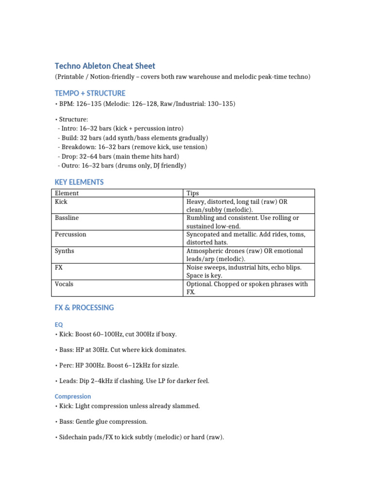 Techno Ableton Cheat Sheet Guide | PDF | Sound | Sound Technology