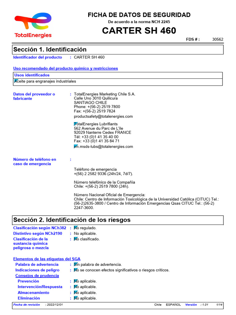 Msds Total Carter SH 460 | PDF | Residuos | Agua