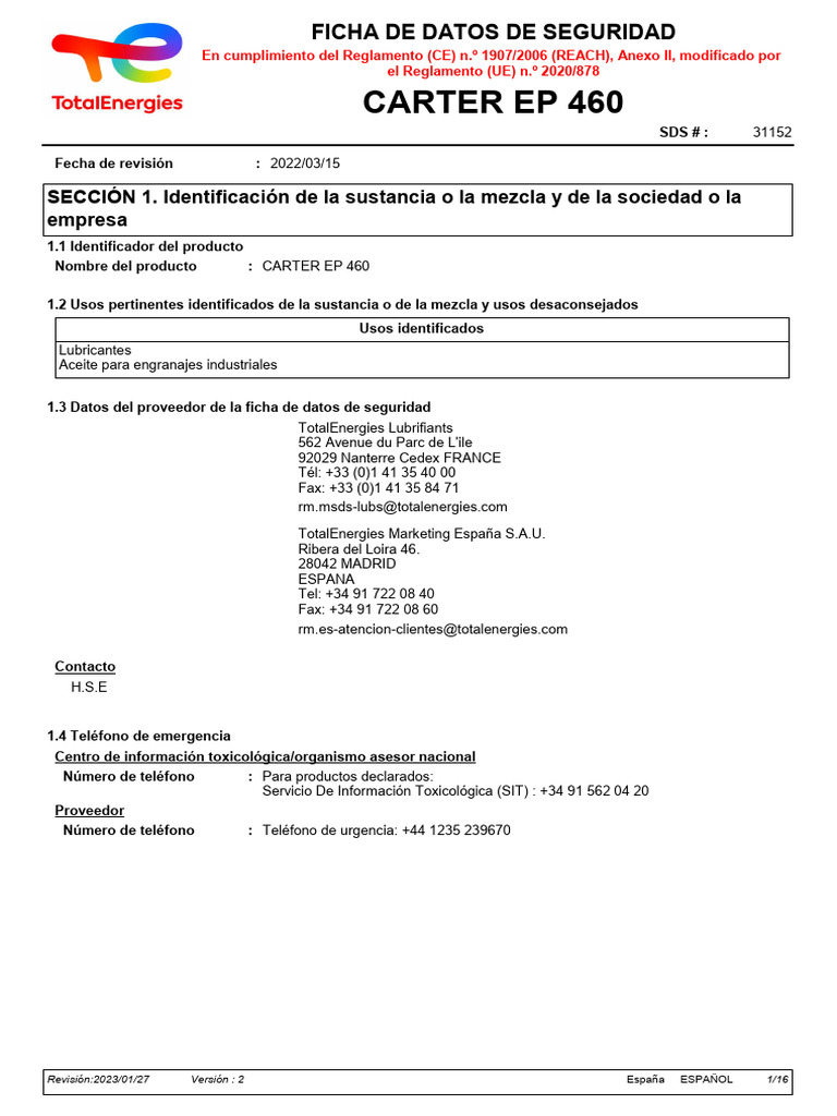 Ficha de Seguridad Carter EP 460 | PDF | Residuos | Contaminación