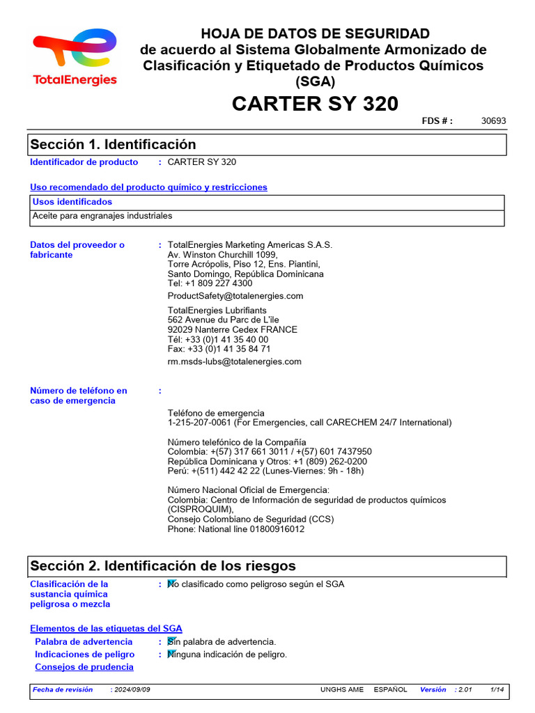 Totalenergies Carter Sy 320 (Pag) Msds | PDF | Agua