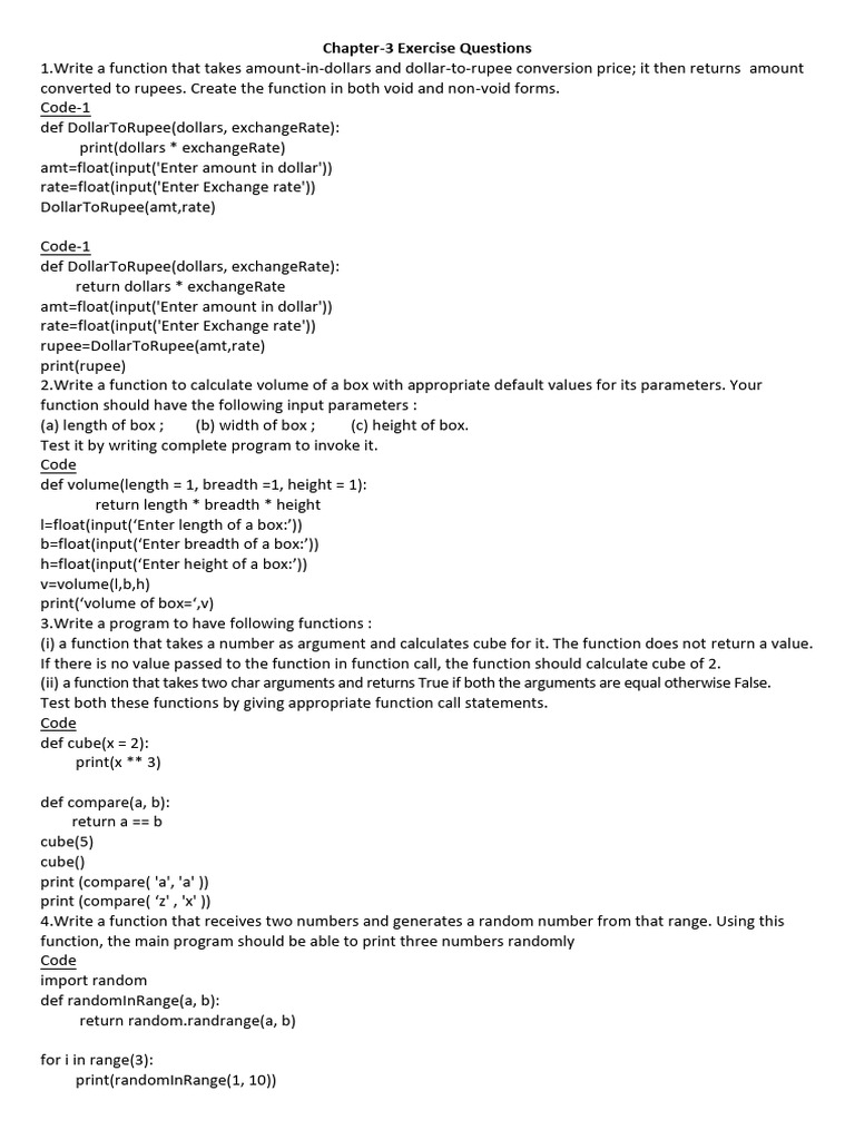 Chapter 3 Functions Exercise Notes 2025 26 Pdf Parameter Computer Programming Software