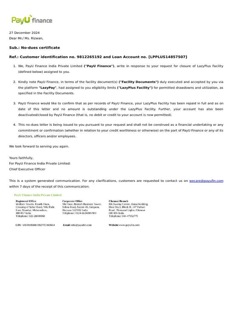 LazyPlus Facility Closure Confirmation | PDF