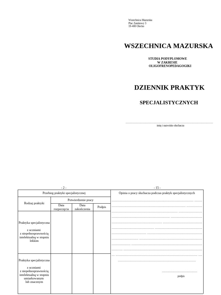 Dziennik Praktyk - OLIGO | PDF