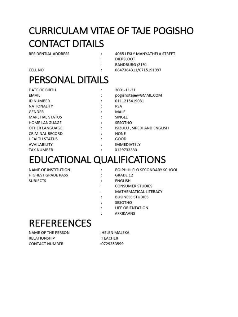 Curriculum Vitae of Taje Pogisho | PDF