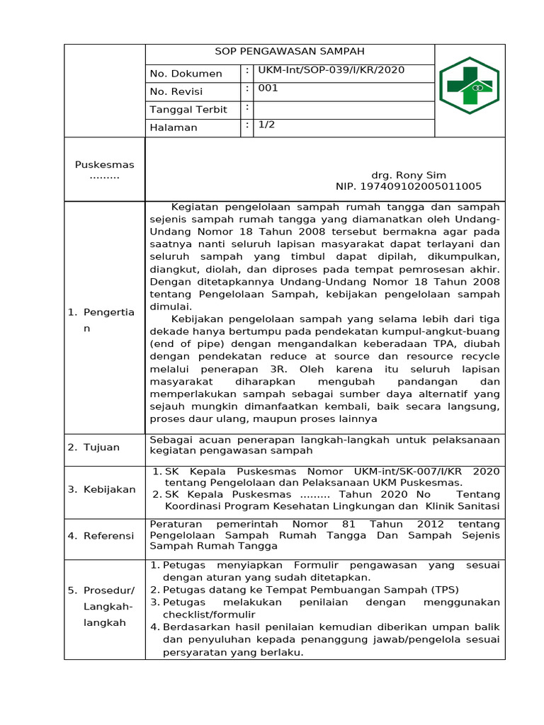 Sop Pengawasan Sampah 2020 | PDF