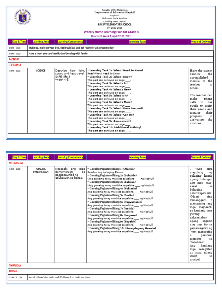 Grade 4 - All Subjects - WHLP - Q3 - W4 | PDF | Gawain | Learning