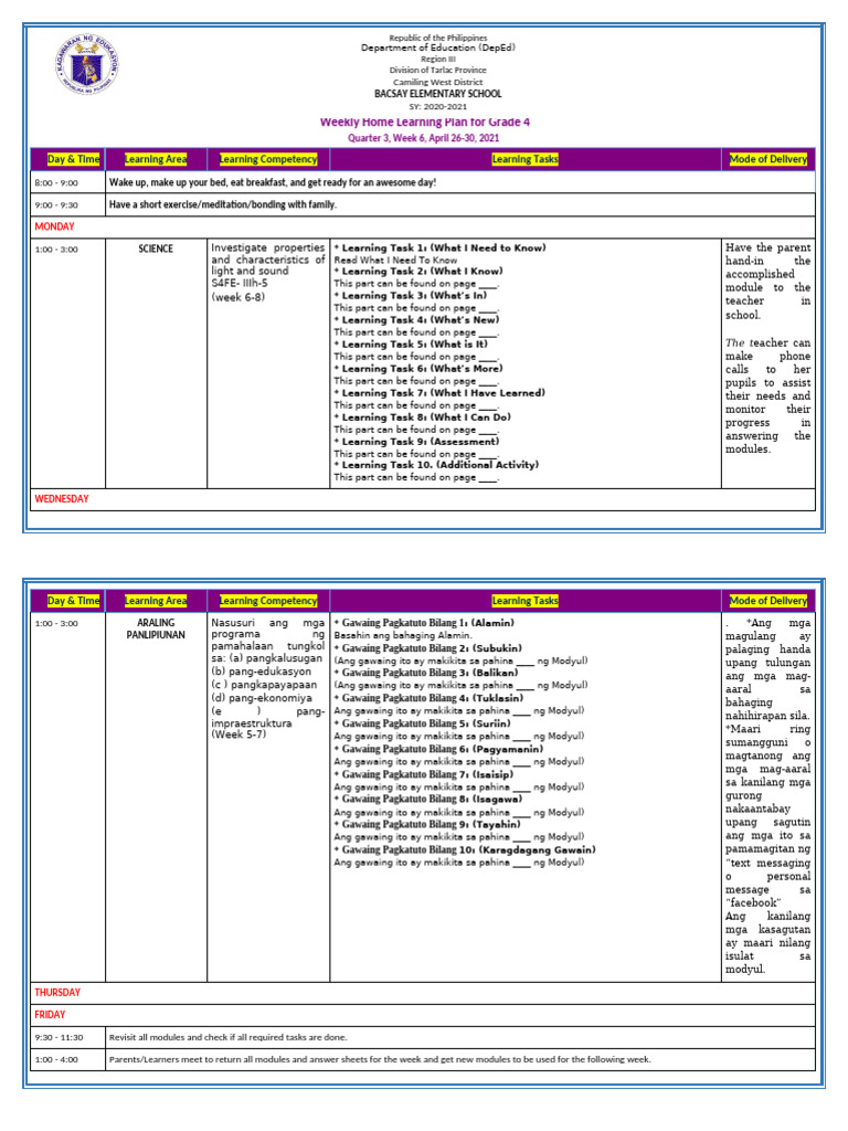 Grade 4 - All Subjects - WHLP - Q3 - W6 | PDF | Learning | Behavior ...