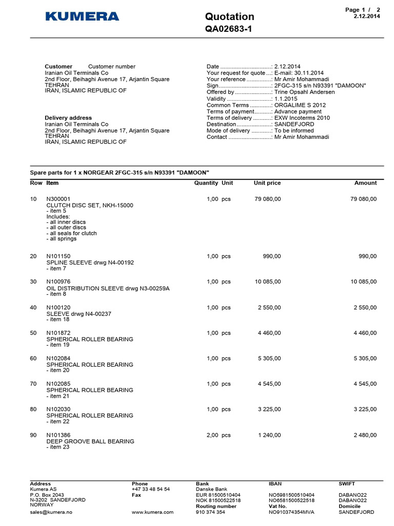 Spare Parts Quotation for Kumera AS | PDF