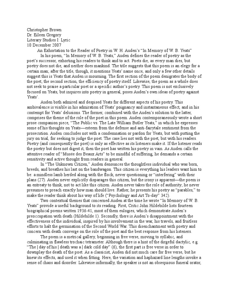 Analysis of Auden's in Memory of W. B. Yeats | PDF | W. B. Yeats | Poetry