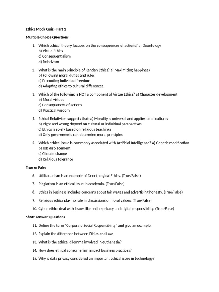 Ethics Mock Quiz: Test Your Knowledge | PDF