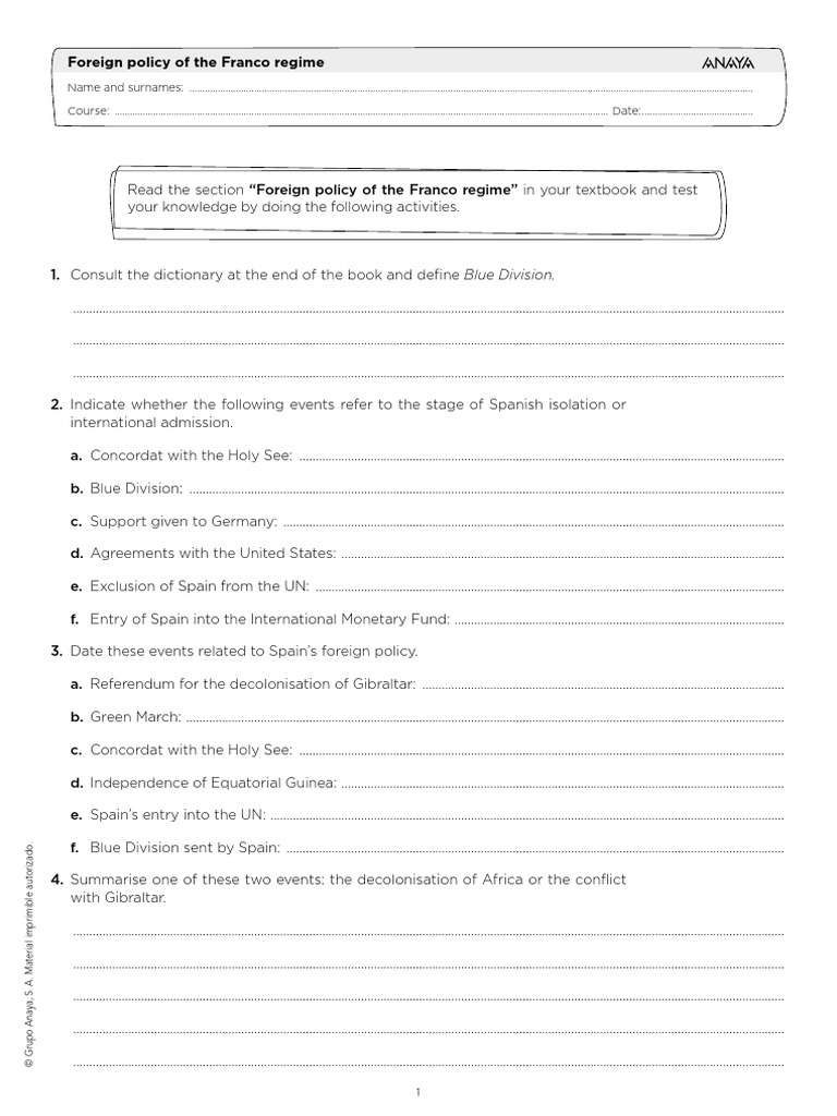 Worksheet of Foreign Policy of Franco | PDF | Global Politics ...