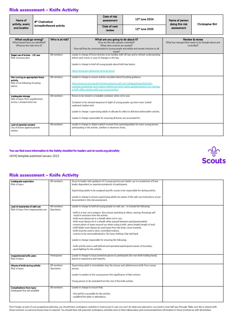 Knife Activity Risk Assessment Guide | PDF | Knife | First Aid