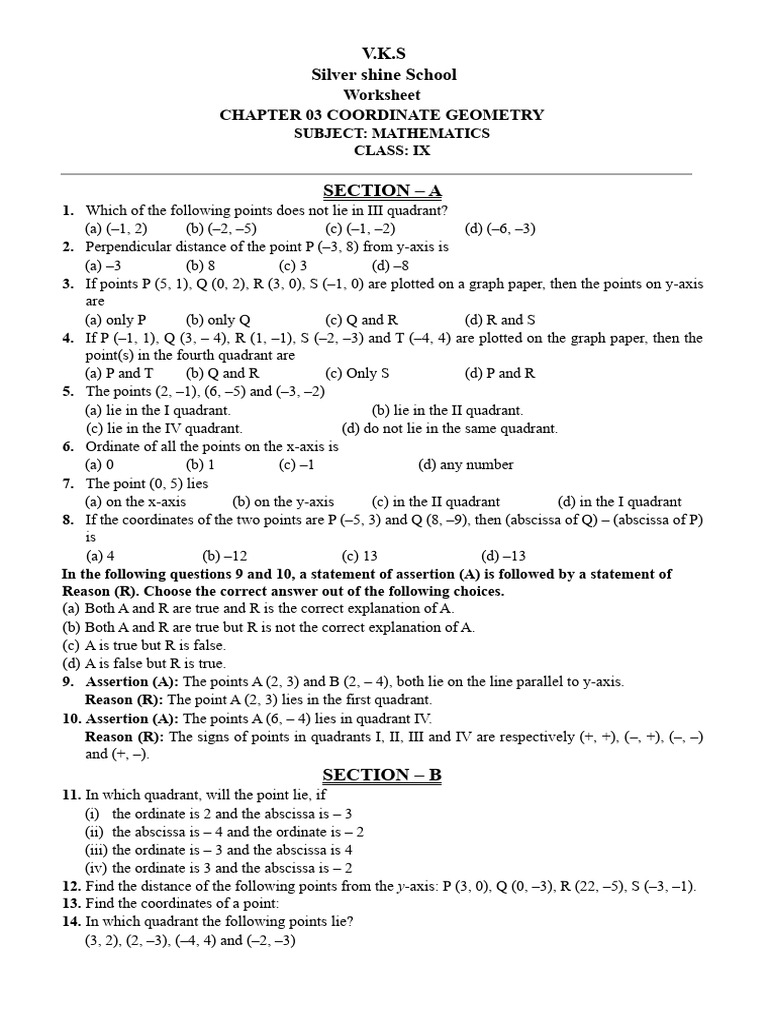 Coordinate Geometry Worksheet for Class IX | PDF | Cartesian Coordinate ...