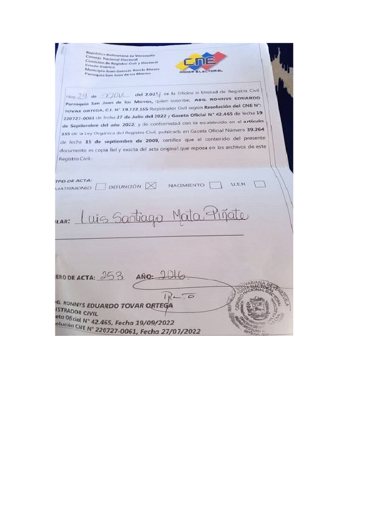 Acta de Defunción Luis Mata | PDF