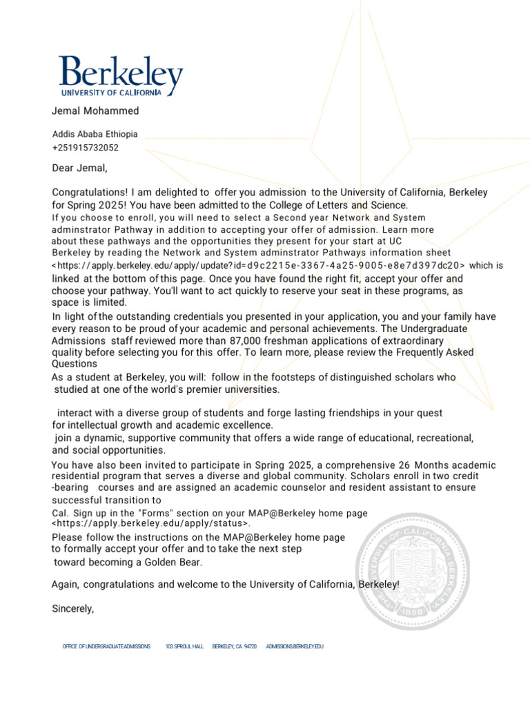 Admission Letter California | PDF