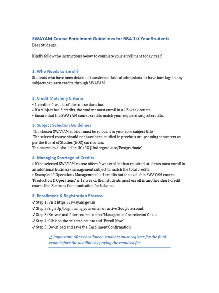 Swayam Course Enrollment Guidelines | PDF