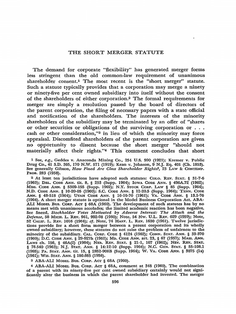The Short Merger Statute | PDF | Mergers And Acquisitions | Equity (Law)